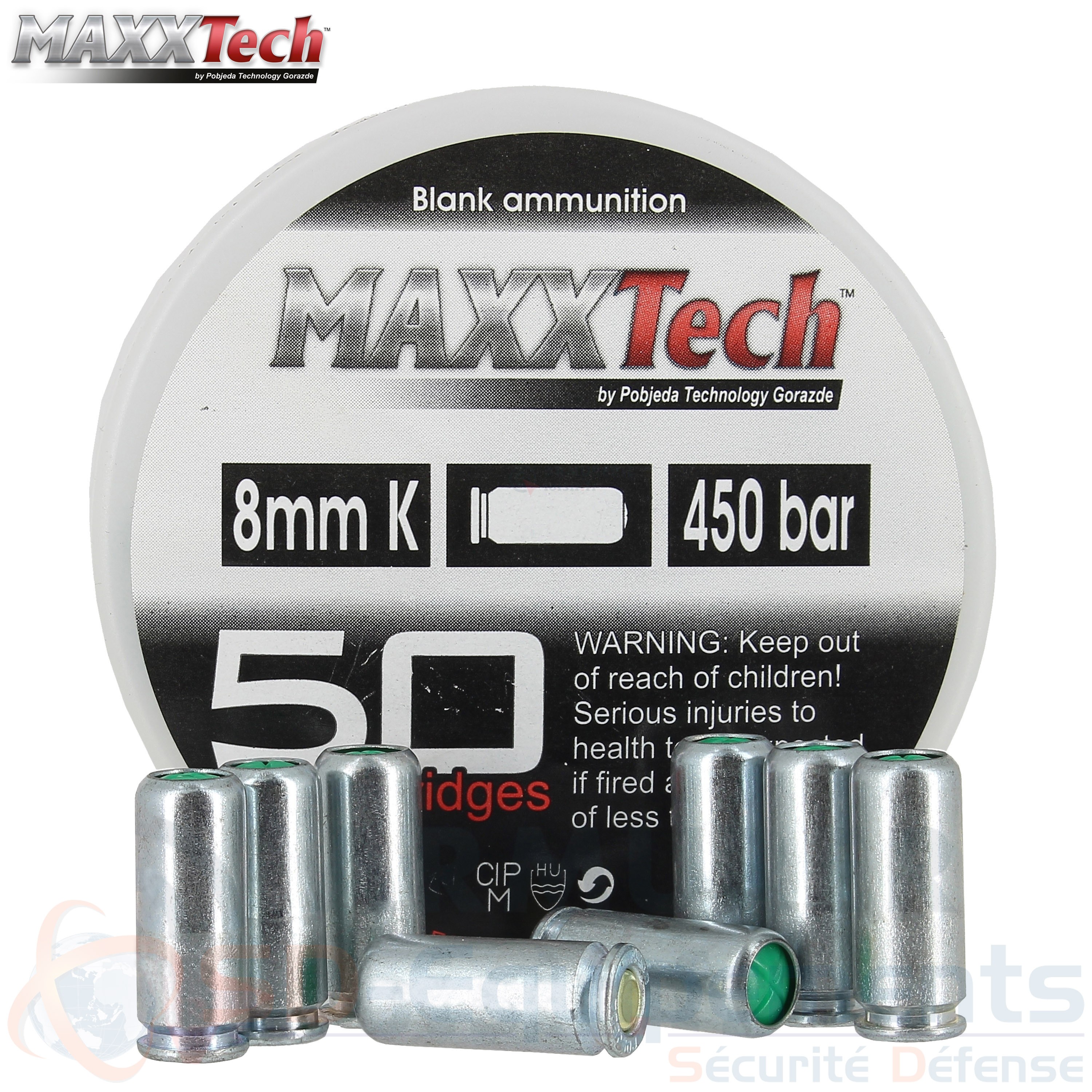 50 balles à blanc MAXXTech pour pistolet d'alarme 8 mm K - SD-Equipements